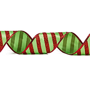 LaRibbons Wired Christmas Holiday Ribbon - Green with Red Glitter Stripe Ribbon - 2.5 inch x 25 Yard Each Roll - Red Wired Edge