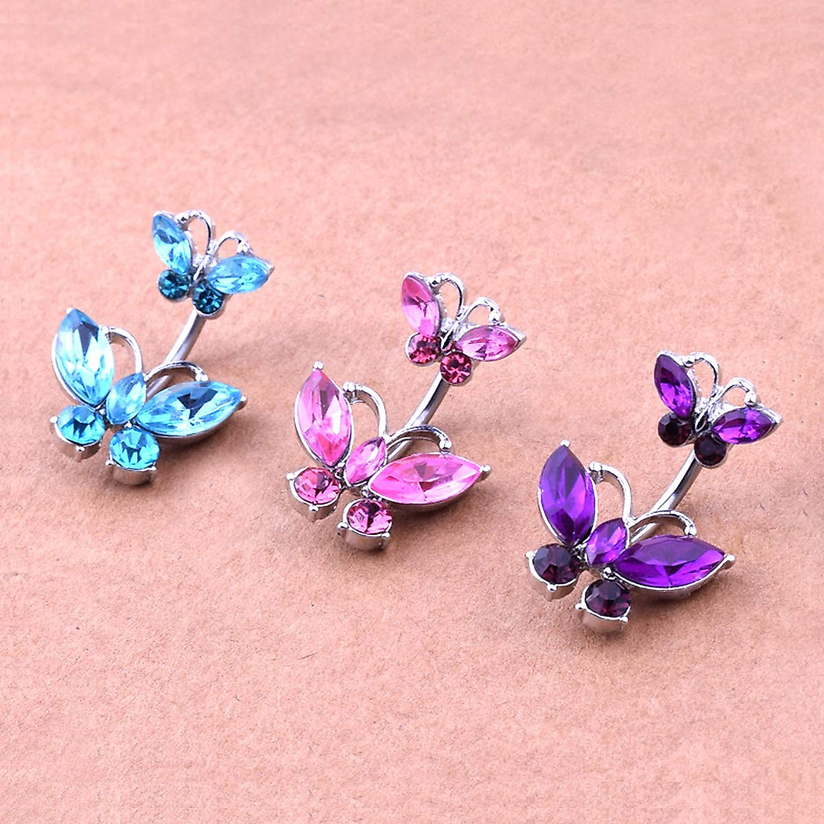 Lenacou 3Pcs Belly Button Rings 14G Surgical Steel Butterfly Cubic Zirconia Navel Piercing Jewelry