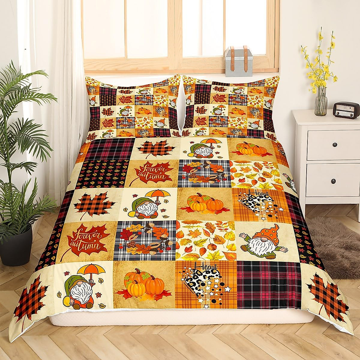 Fall Bedding Set Thanksgiving Day Gifts Duvet Cover for Boys Girls Women Autumn Harvest Comforter Cover Happy Fall Y'All Fall Season Bedspread Cover Geometry Grid Patchwork Bedding Queen Size