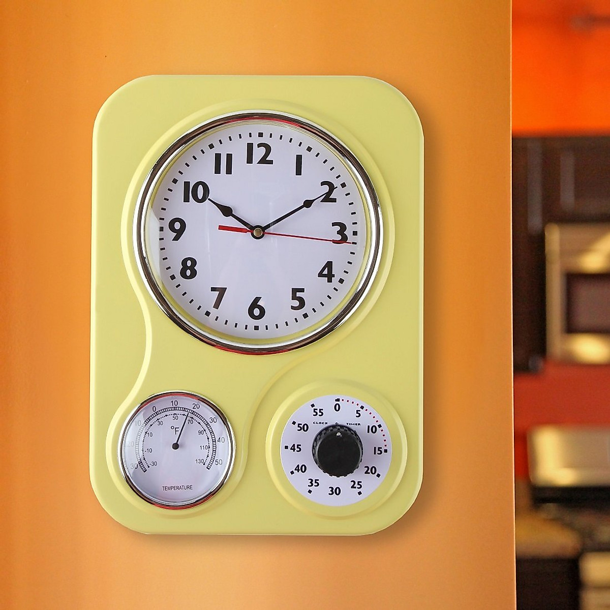 Lily's Home Retro Kitchen Wall Clock, with a Thermometer and 60-Minute Timer, Ideal for Any Kitchen, Yellow (9.5 in x 13.3 in)