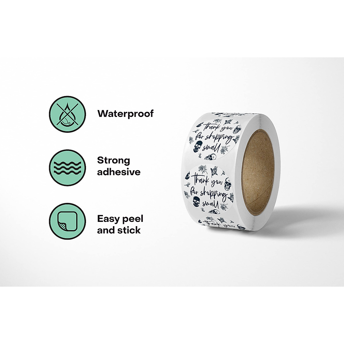 Cute Thank You Stickers (500 Count) Thank You for Supporting My Small Business Stickers 1.5” Round Waterproof Stickers Small Business Supplies Thank You Sticker Rolls - Skull Rose