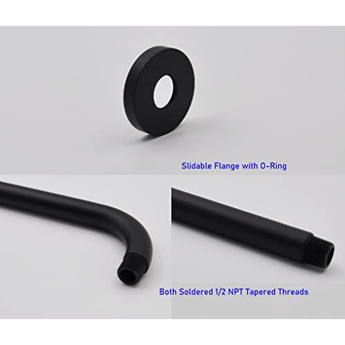 Aquaiaw Shower Arm and O-Ring Flange, 12 inch, Solid Brass, Round, Both 1/2 NPT Tapered Threads, Bent Shower Arm, Wall Mount Shower Head Extension Arm, Rainfall Shower Head Arm (Matte Black)