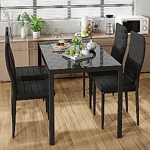 Recaceik Dining Table Set for 4, Kitchen Table and Chairs for 4, Glass Dining Room Table Set with 4 PU Leather Upholstered Chairs Modern Small Dinner Table Set Breakfast Table for Home, Black