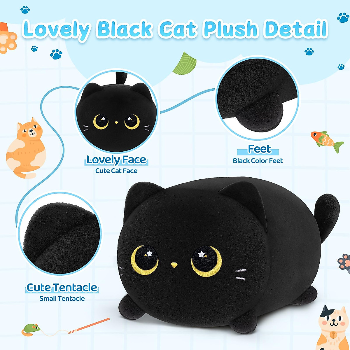 Mewaii Black Cat Plush, Cute Cat Plushies Toy, Soft Kitten Plushie Cuddle Pillow, Anime Plushie Doll, Cute Stuff Toys Gift for Girls, Boys and Males (8 Inch)