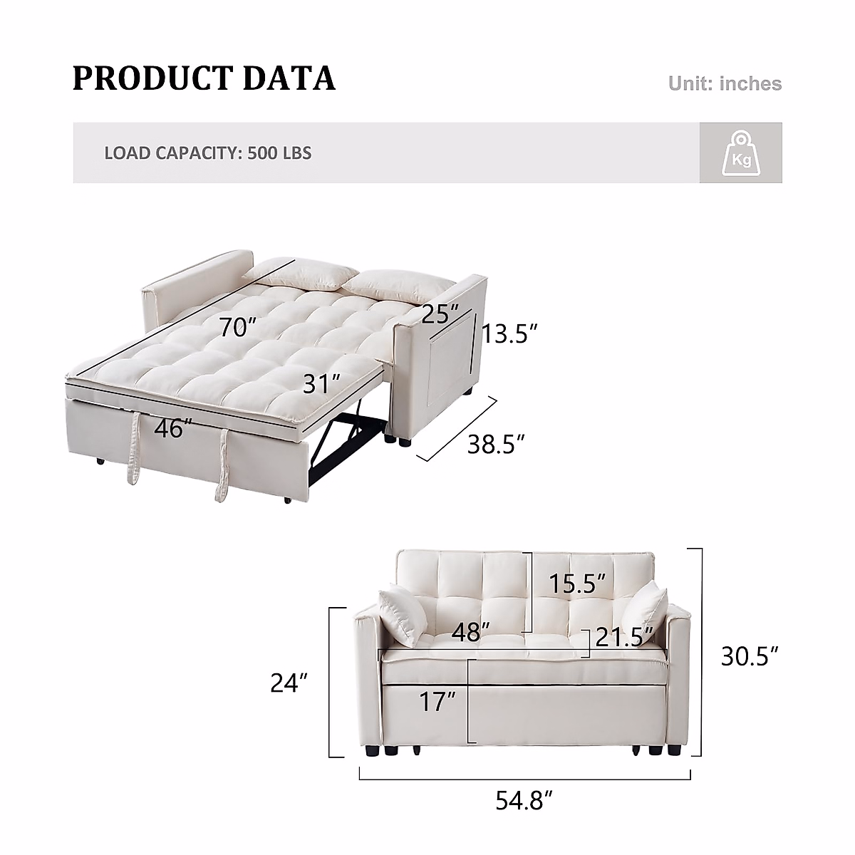 Hixkol Sleeper Sofa Bed, 3 in 1 Sofa Bed Pull Out Couch Bed with Adjustable Backrest, Modern Sofa Bed for Living Room, Convertible Sofa Bed for Bedroom. (White)