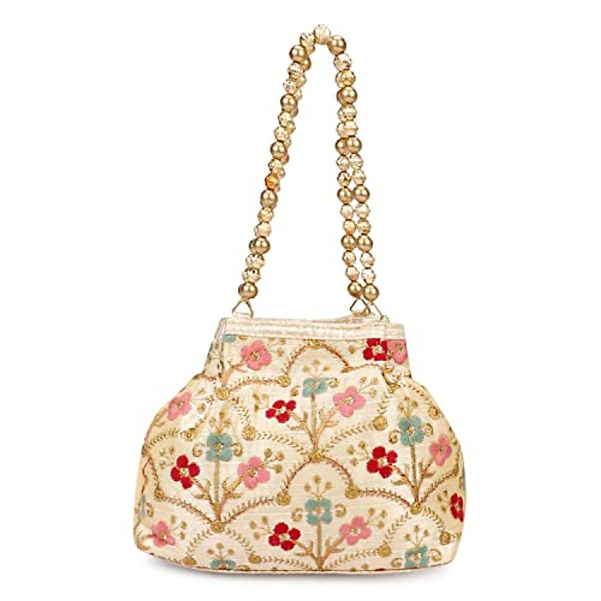 Indian Ethnic Designer Embroidered Silk Potli Bag Batwa Pearls Handle Purse (Golden nd Purple)