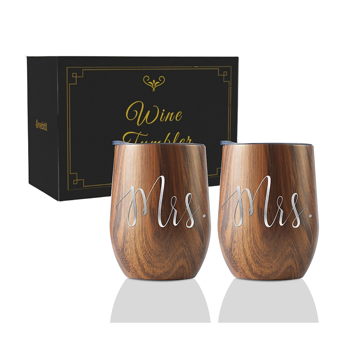 Onebttl Wedding Gifts for Lesbian Couples, Mrs and Mrs Gifts Tumbler Set, Gifts for Engagement, Valentine's Day, Newlywed, Anniversary, Bridal Shower, Stainless Steel Tumbler with Lid 12oz/350ml-Wood