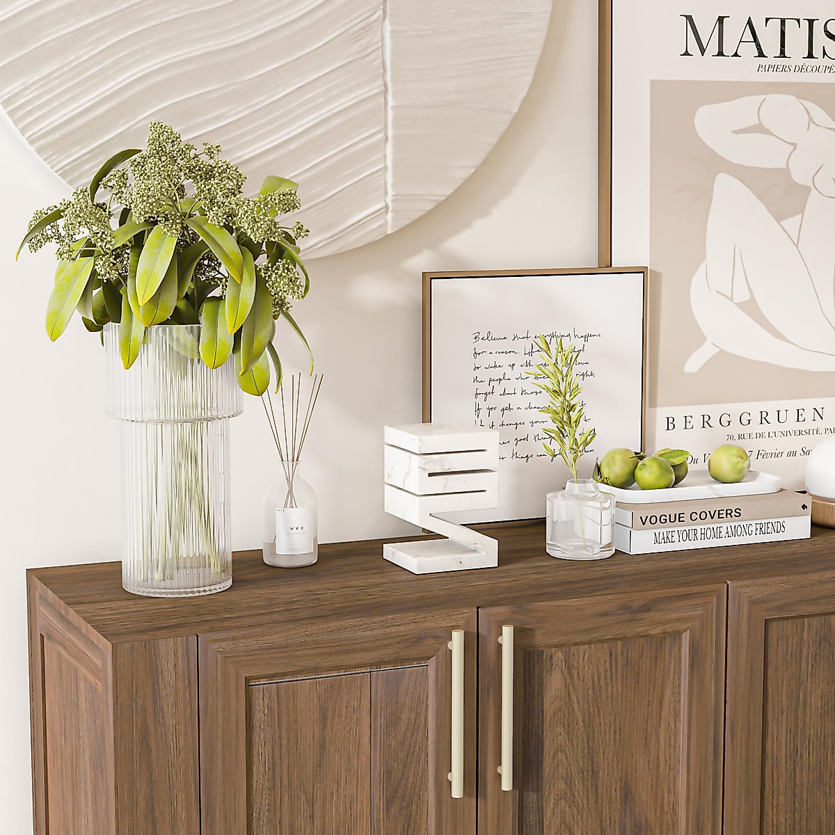 Tilly Lin 65" Mid Century Modern TV Stand, Modern Credenza Sideboard Buffet Cabinet, Walnut Media Console for Living Room, Boho Entertainment Center with Storage, Gold Metal Legs