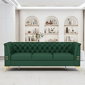 ERYE Mid-Century Modern PU Leather Button Upholstered Chesterfield 3 Seaters Sofa Couch, Golden Legs, Flared Padded Armrest,Removable Cushions Cover for Living Room,Bedroom,Office,Apartment
