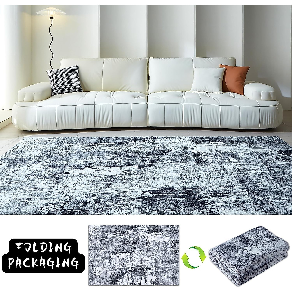 Rugcomf 8x10 Rug Washable Boho Rug Soft Large Area Rug Non-Slip Non-Shedding Faux Wool Vintage Rug for Living Room, Farmhouse, Dining Room, Indoor, Kids Playroom, Grey and Black