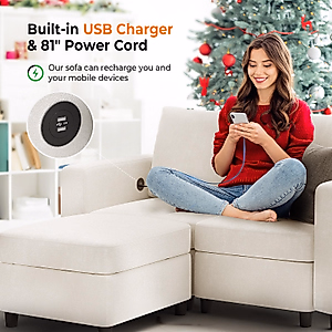 VINGLI 108" U-Shaped Storage Modular Sectional Sofa Sleeper in USB Built-in Charger, Convertible Couch Bed with High-Resilience Foam, 4 Deep Seaters Module/2 Ottomans(Chaises),Chenille/Cream White