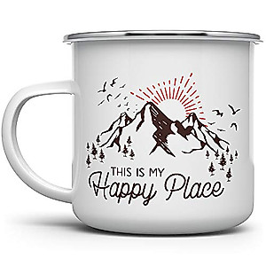 Loftipop This is My Happy Place Enamel Campfire Mug, Mountain Camping Coffee Cup, Nature Outdoor Hiking Camp Lover Gift (12oz)