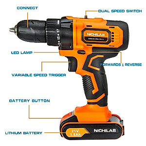 Nichilas Cordless Drill, 21V Power Screwdriver 2 Variable Speed 3/8” Keyless Chuck, 1500mAh Battery and Charger for assembling, repairing and DIY