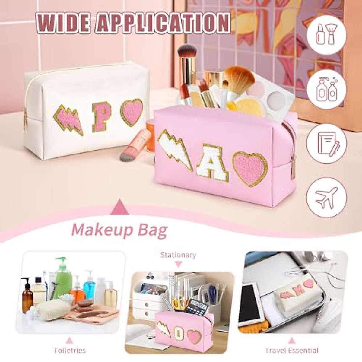 TOPEAST Initial Cosmetic Bag for women, Preppy Makeup Bag Chenille Letter Pouch, Monogrammed Birthday Gifts for Girls, Teen Girl Gifts Trendy Stuff, Pink S