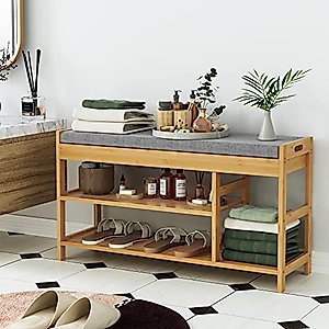 HIFIT Bamboo Shoe Bench, Rack with Storage And Padded Seat, Oiganizer Shelf for Entryway Mudroom Bathroom, Natural