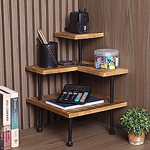 MyGift 3 Tier Rustic Burnt Wood Kitchen Countertop Corner Shelf, Counter Spice and Condiment Storage Display Rack, with Black Industrial Metal Pipe Legs