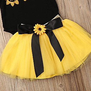 MA&BABY Newborn Girls 1st Birthday Outfit Ruffled Floral One Romper Yellow Tutu Skirt Dress First Birthday Girl Outfit (Black+Yellow, 12-18Months)