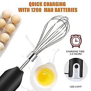 Electric Hand Mixer Whisk| Wireless Rechargeable Handheld Egg Beater with 2 Stainless Steel Mixing Heads | Portable Kitchen Aid Hand Mixer for Egg, Milkshake Cream, Cake, Baking & Cooking-Black