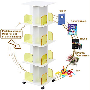 VECELO Rotating Bookshelf with Brake Wheels, 360°Display 4 Tier Floor Stackable Spinning-Bookshelf Tower for Kids&Adults, Revolving Bookcase for Small Space,Corner(White)