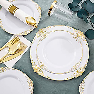 Nervure 350PCS White and Gold Plastic Plates & Pre Rolled Napkins with Plastic Cutlery for 50 Guests-Gold Disposable Plates, 150 Gold Plastic Silverware, 50Cups, 50Napkins for Party & Wedding