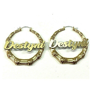 Stylish Bamboo Earrings Personalized Custom Gold 1.5, 2.5, 3.5" Size and Background Color Choice Hoop Name Plate Laser Cut Made To Order - Any Name Script Cursive Letters Stunning, Quality, Attractive (3.5" Bamboo Earrings)