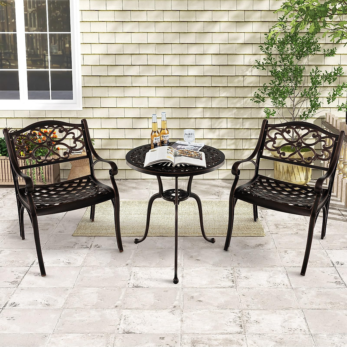 Giantex Cast Aluminum Patio Chairs Set of 2, All Weather Outdoor Dining Chairs w/Armrests and Curved Seats, Heavy Duty Metal Bistro Chairs for Porch, Garden, Poolside, Backyard, Bronze (Classic, 1)