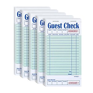DGBDPACK Guest Check Books for Servers, 5 Pack of EP-3632-1 Server Note Pads, Thick Server Paper with Guest Receipt, Waitress Notepads - 250 Orders Total (Green, 6.75"x3.5")
