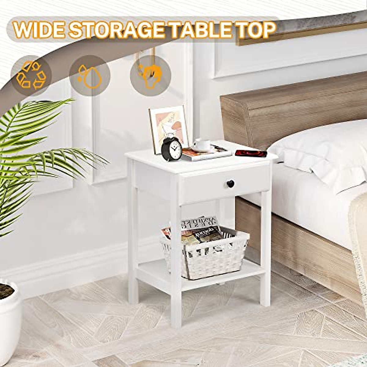 JAXPETY 2-Tier White Nightstand Bedside Table Bedroom Furniture with Spacious Drawer and Storage Shelf, Ivory