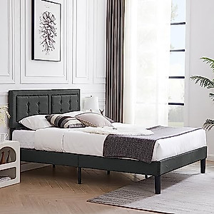 VECELO Queen Size Upholstered Bed Frame with Height Adjustable Fabric Headboard, Heavy-Duty Platform Bedframe/Mattress Foundation/Strong Wood Slat Support/No Box Spring Needed, Grey