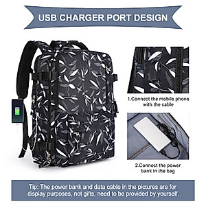 Large Travel Women Carry On Backpack,Hiking, Waterproof Outdoor Sports Rucksack Casual Daypack Fit 14 Inch Laptop with USB Charging Port Shoes Compartment, Leaves Black