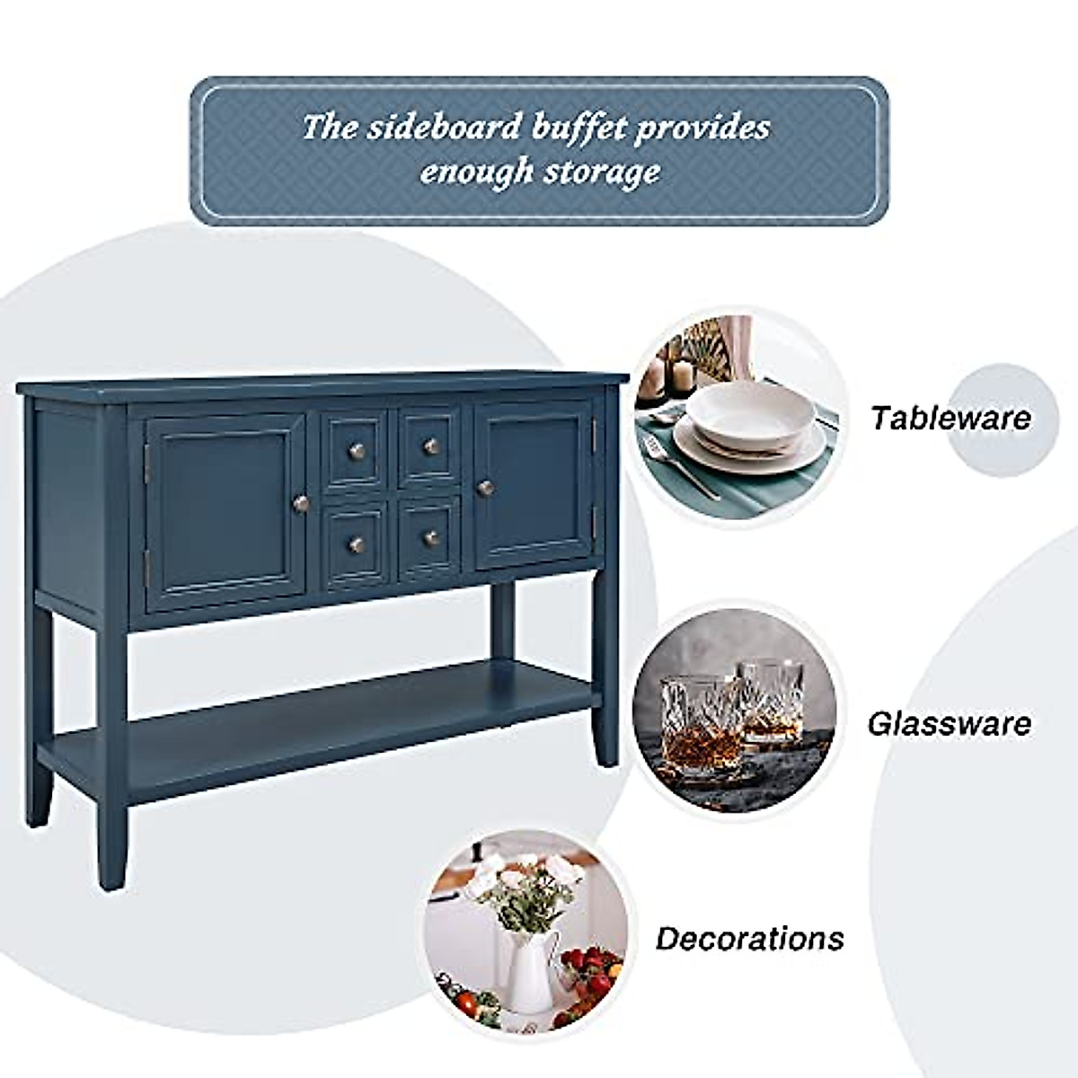 Anwick Buffet Sideboard, Wood Storage Cabinet, Console Table with Storage Shelf, 4 Drawers and 2 Cabinets, Wood Buffet Server for Living Room Kitchen Dining Room (Navy)
