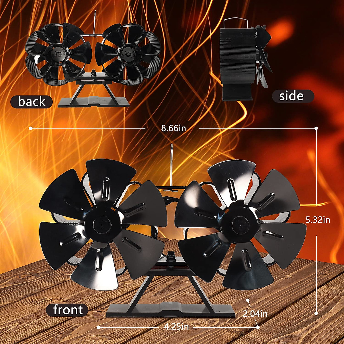 Holldoor 12-Blade Fireplace Fan, Non-Electric, Wood Stove Fan, Heat-Powered, Black, Aluminum, Tabletop, Painted, 1 Pound, Magnetic Thermometer, Indoor Use, Air Circulation, Wood Stove Compatible