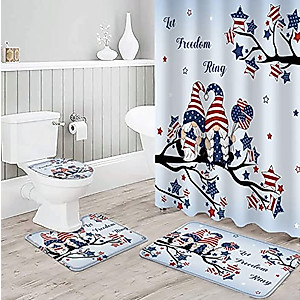 4Pcs Bath Set Home Decor, Freedom Gnomes Bathroom Waterproof Shower Curtain with Hook, 4th of July Patriotic Memorial Flag Day Large Runner Rugs, Toilet Lid Cover and U-Shaped Bath Mat, 66"x72"
