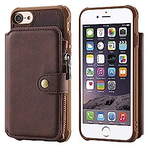 Leather Case for iPhone 7 iPhone 8,Fashion 4.7inch Kickstand Magnetic Buckle Zipper Coin Pocket Coffee 8Card Slot (ID Card,Credit Card),Accurate Cutouts Photo Frame Cash Slot Gift Girls Boys Unisex