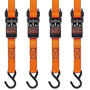BLACK+DECKER BD1005 Black/Orange 1" x 10' Ratchet Tie Down Straps - Light-Duty (900 lb Break Strength), 4 Pack