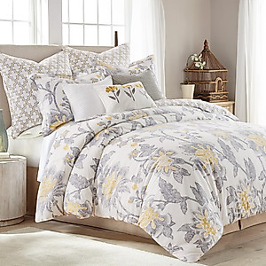 Levtex Home - Reverie Duvet Cover Set - Full/Queen Duvet Cover + Two Standard Pillow Cases - Floral - Yellow, Grey, and White - Duvet Cover (90 x 94in.) and Pillow Case (26 x 20in.) - Cotton