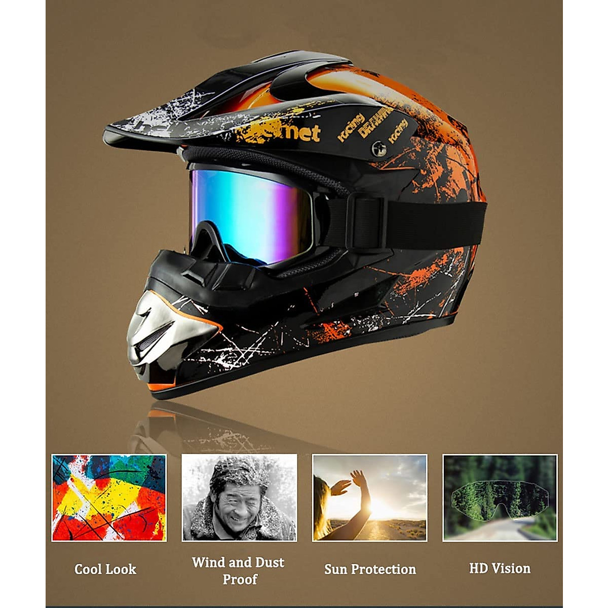 Adult Offroad Bluetooth Motorcycle Dirt Bike Helmet DOT Approved Motocross ATV Dirt Bike Street Racing Outdoor BMX MX Full Face Motorcycle Mountain Helmet for Men and Women -C-X-Large