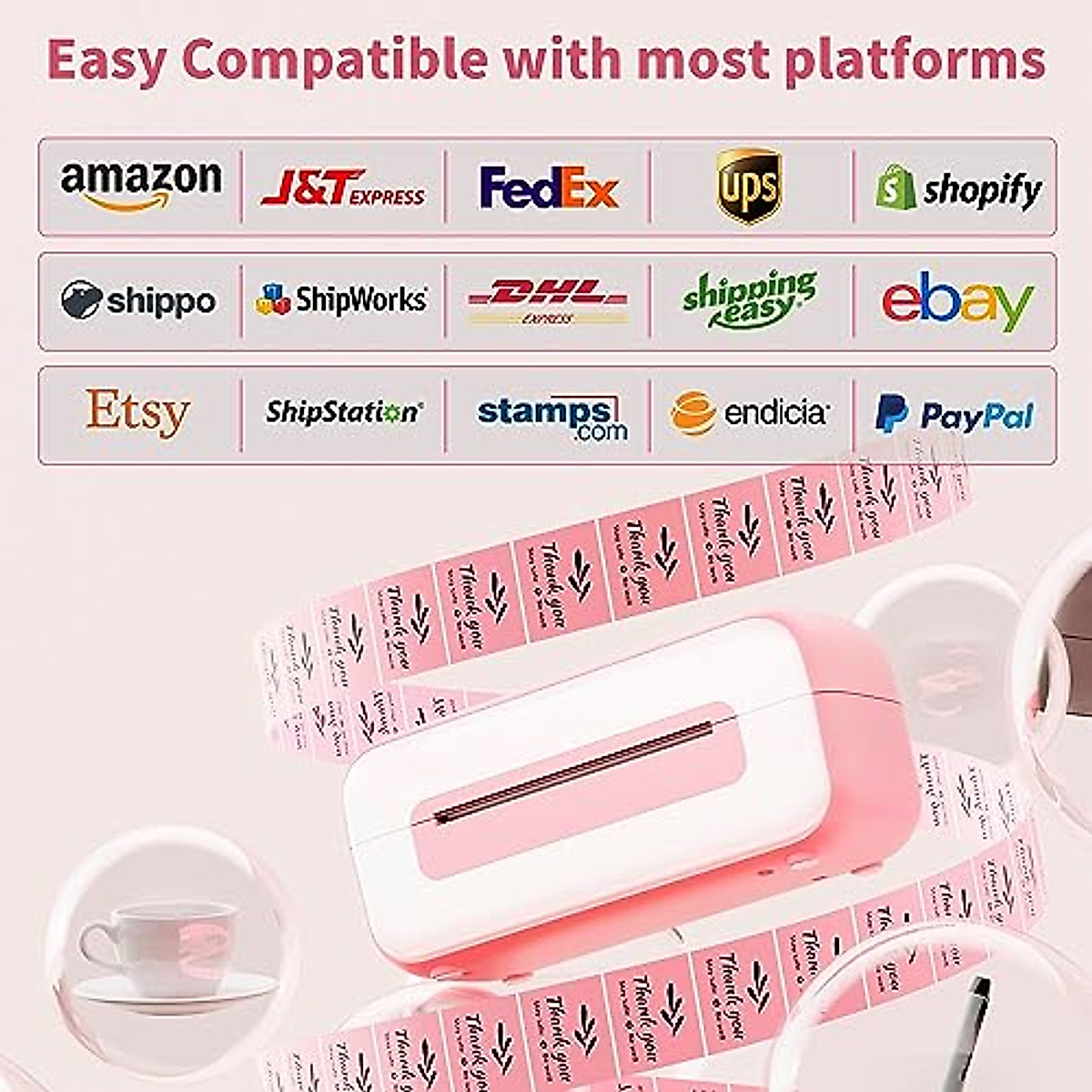 Phomemo Thermal Shipping Label Printer, 4x6 Desktop Thermal Label Printer for Shipping Packages/Small Business/Office/Home, Widely Used for Amazon, Ebay, Shopify, Etsy, UPS, FedEx - Pink (USB Only)