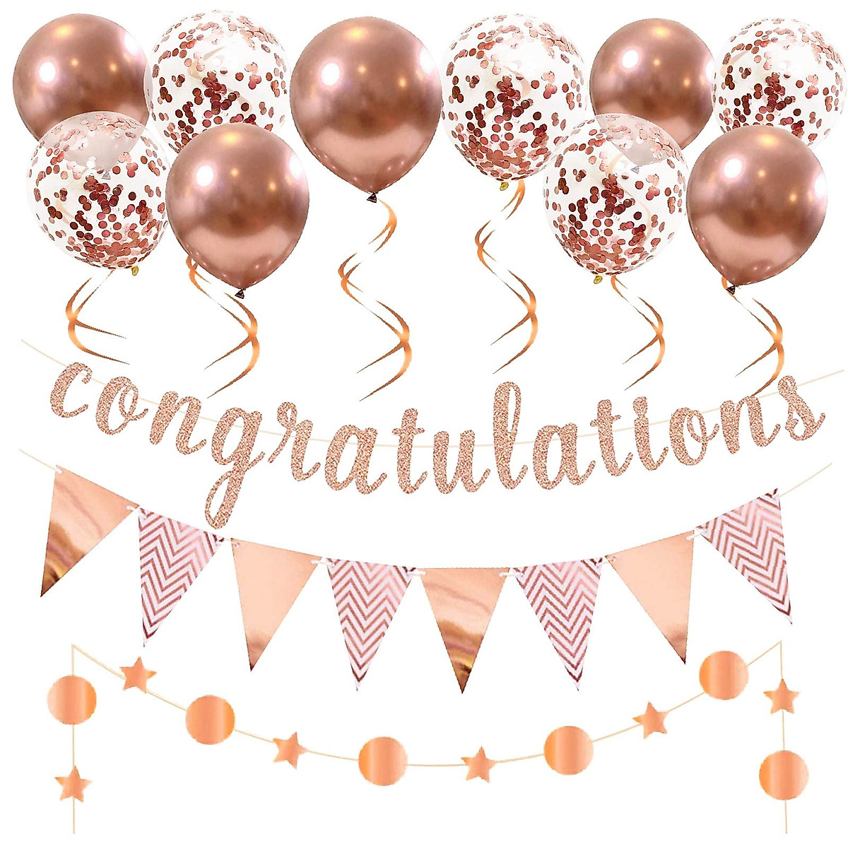 Rose Gold Congratulations Decorations Set Congratulations Banner,Pennant,Star Circle Dots Garland,Hanging Swirls.Baby Shower,Graduation,Retirement,Wedding,Birthday,Anniversary Party