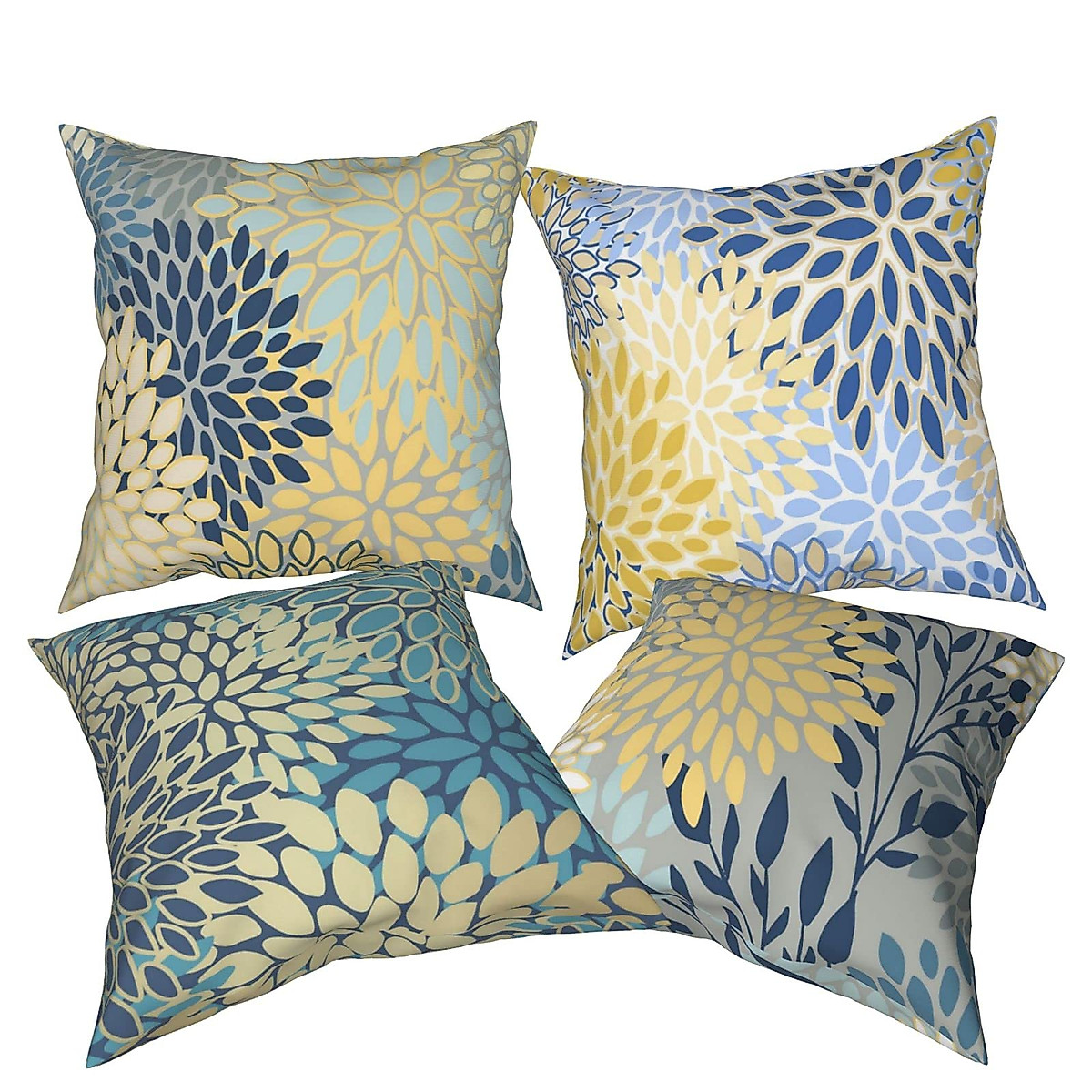 Set of 4 Throw Pillow Covers 18x18 Inch Floral Blooms Modern Abstract Flower Throw Pillow Covers Home Pillowcases Garden Blue Yellow Gray Flowers Dark Teal Yellow Cushion Case Decorative Pillowcases