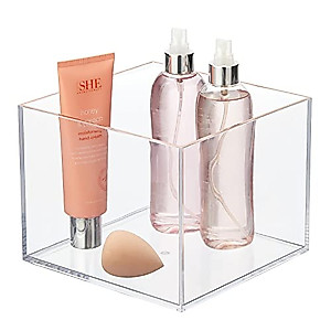 mDesign Makeup Organizer for Bathroom, Bedroom and Vanity Countertops, and Drawers; Storage Bins for Cosmetics, Brushes, Eyeshadow Palettes, Lipstick, Blush - Square - 3 Pack, Clear/Rose Gold