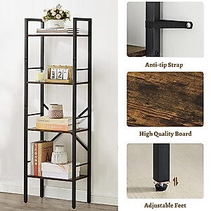 Tajsoon 4 Tier Bookshelf Industrial Ladder Shelf, Tall Skinny Bookshelf with Wood, Freestanding Thin Bookshelf for Home Office, Living Room, Bedroom, Metal Frame, Rustic Brown