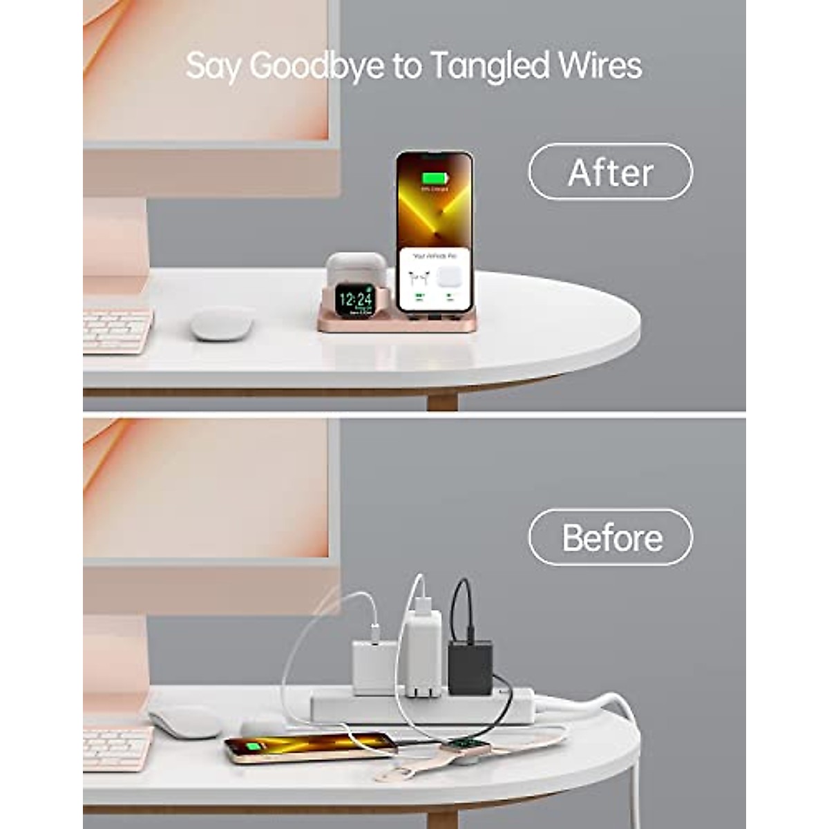 MODOCH 3 in 1 Charging Station for Apple Multiple Devices, Foldable and Portable Travel Charging Dock Compatible with iPhone Airpods Apple Watch Charger Stand with Adapter (Rose Gold)