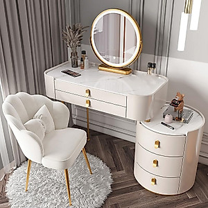 Vanity Desk with 3-Color Lighted Mirror, Makeup Vanity Table Set with Lights & Side Cabinet 3 Drawers, Dressing Table with Cushioned Stool for Women Girls (Size : 80cm-b)