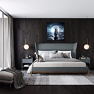 Moon Painting Astronaut Wall Art - Framed Spaceman Print Decoration 12 x 12 Inches Inspirational Outer Space Canvas Picture Bright Moonlight Poster Modern Planet Artwork For Bedroom Living Room Decor