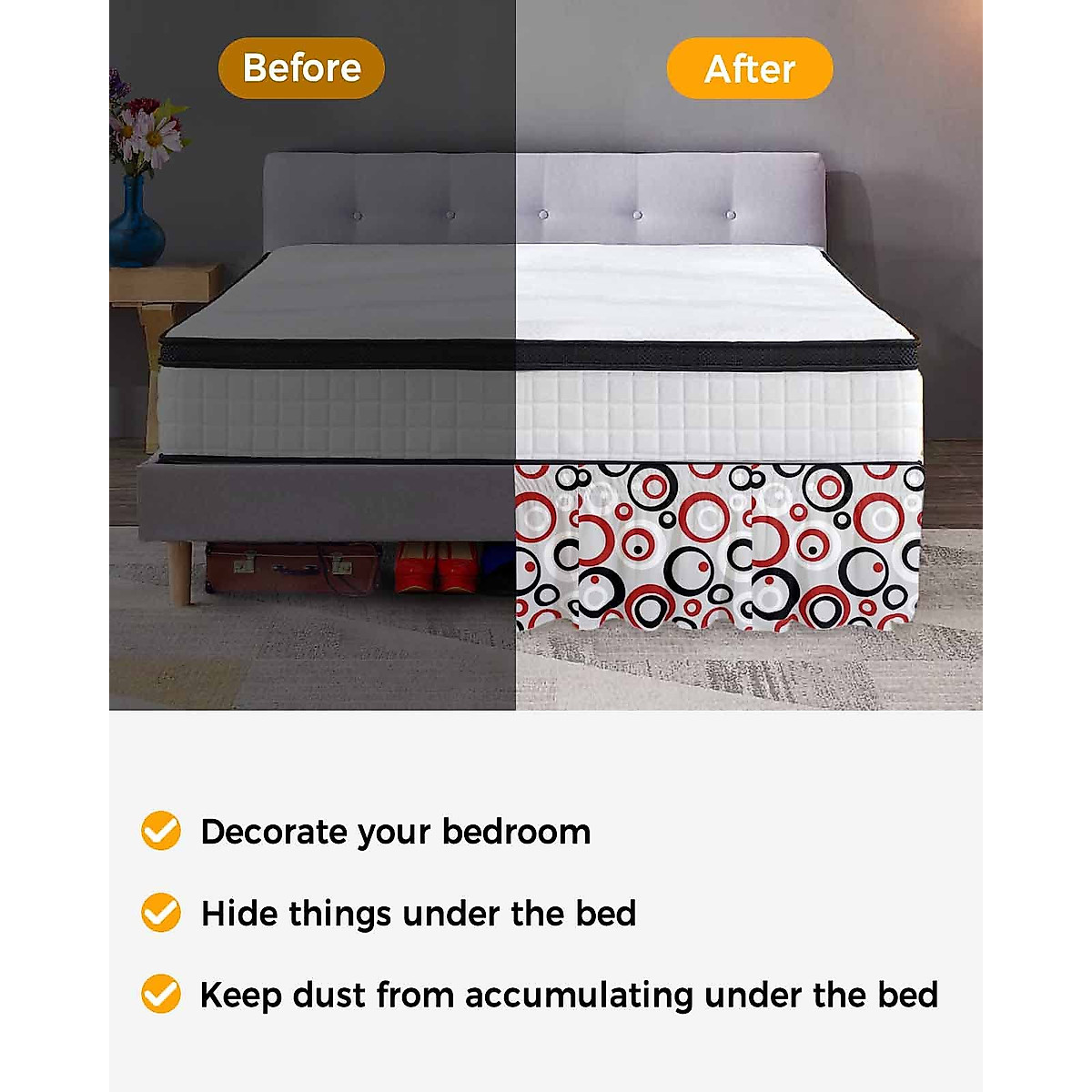 Red Black Bed Skirt Queen Size 16 Inch Drop, Adjustable & Elastic Wrap Around Bed Skirts Pleated Luxury Dust Ruffles for Twin Full Queen Cal King Base Bed, Modern Geometric Boho Polka Dot Grey