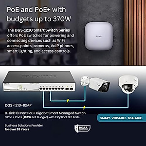D-Link 10-Port Gigabit Smart Managed PoE+ Switch | 8 PoE+ Ports (130W) + 2 SFP Ports | L2+ | VLANs | Web Managed | Surveillance Mode | Desktop or Rackmount | Fanless | NDAA Compliant (DGS-1210-10MP)
