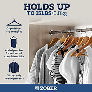 Zober Wooden Hangers 20 Pack - Non Slip Wood Clothes Hanger for Suits, Pants, Jackets w/ Bar & Cut Notches - Heavy Duty Clothing Hanger Set - Coat Hangers for Closet - Natural