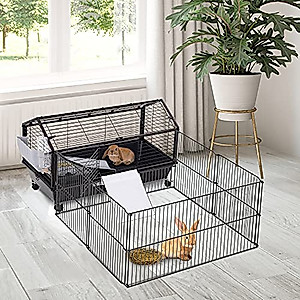 PawHut 2-Level Rolling Small Animal Playpen & Cage, Foldable Small Rabbit Fence, Guinea Pig House, Hedgehog Cage, Water Bottle, Water Bowl, Pet Exercise Pen, 35" L