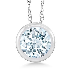 Gem Stone King 14K White Gold Sky Blue Aquamarine Pendant Necklace For Women (0.45 Cttw, Gemstone March Birthstone, Round 5MM, with 18 Inch Chain)